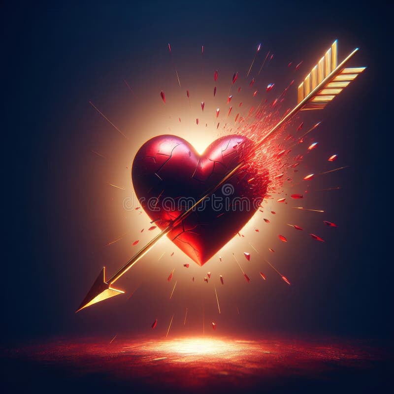 A Human Heart Pierced by an Arrow Has Burst in Half and is Burning with ...