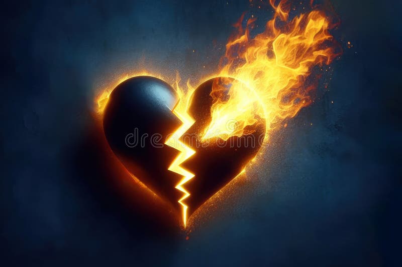 A Human Heart Pierced by an Arrow Has Burst in Half and is Burning with ...