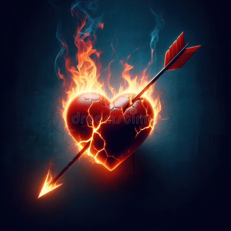 A Human Heart Pierced by an Arrow Has Burst in Half and is Burning with ...