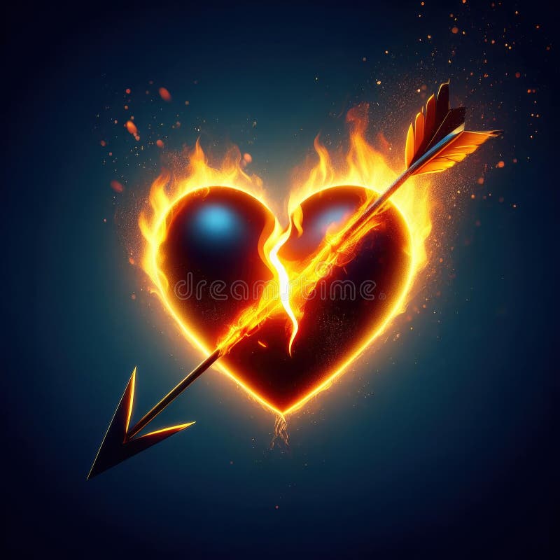 A Human Heart Pierced by an Arrow Has Burst in Half and is Burning with ...