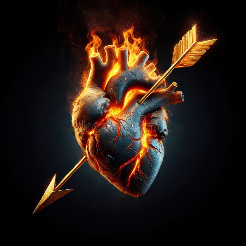 A Human Heart Pierced by an Arrow Has Burst in Half and is Burning with ...