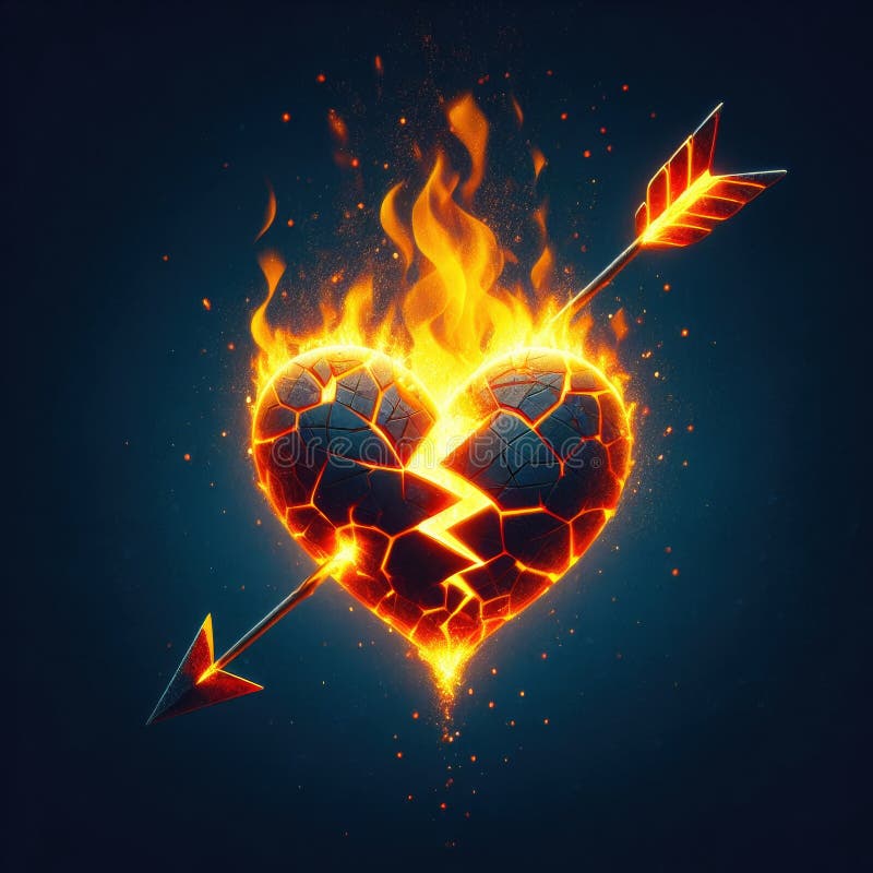 A Human Heart Pierced by an Arrow Has Burst in Half and is Burning with ...