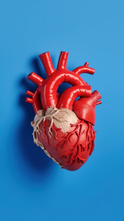 Human Heart Real Model with Veins on Blue Background. 3d , Vertical ...