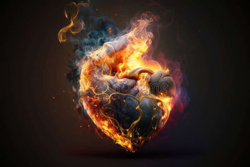 Human Heart, Surrounded by Fire and Smoke, in Dramatic Scene Stock ...