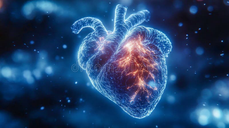 A Human Heart Suspended in the Air, Surrounded by Glowing Blue Light ...