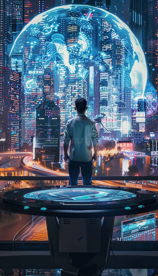 Human at Holographic Display Weighing Logic Vs Ai Predictions in a ...