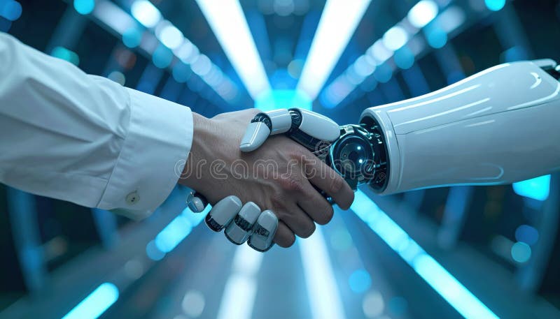 A Human and a Humanoid Robot Shake Hands in a Neon-lit High-tech ...