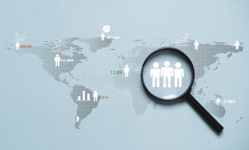 Human Icon Inside Magnifier Glass with World Map for Customer Focus ...