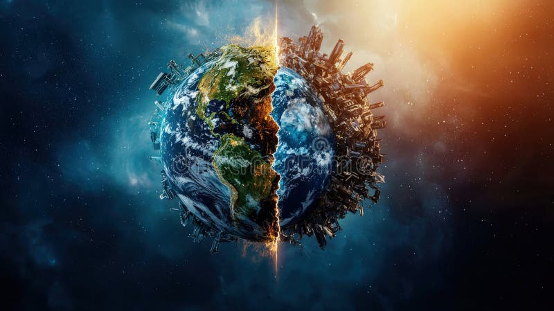 Human Impact on Earth a Split Globe Symbolizing Environmental Crisis ...