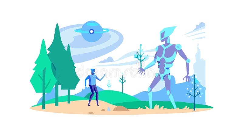 Human Interacting with Giant Robot in Nature, Vector Design Generative ...
