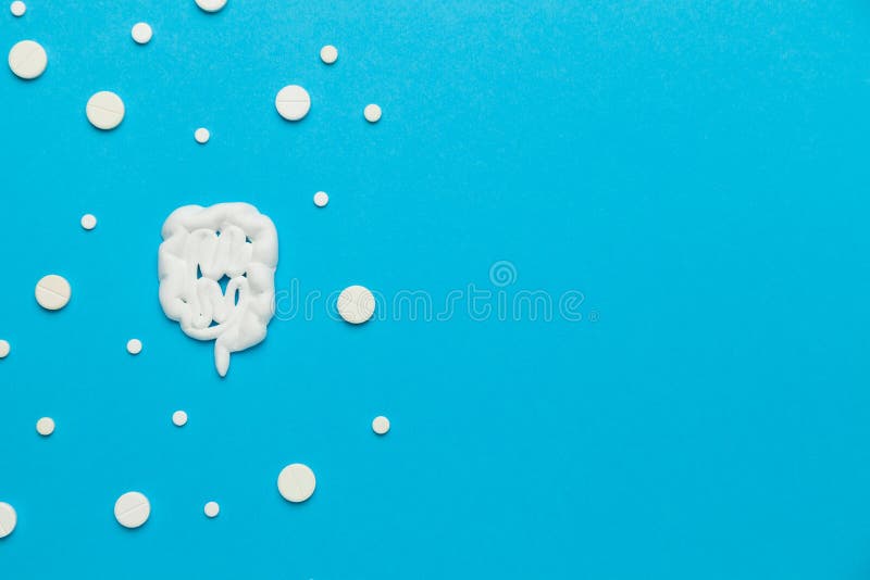 Human Intestinal Model with Pills on a Blue Background. the Digestive ...