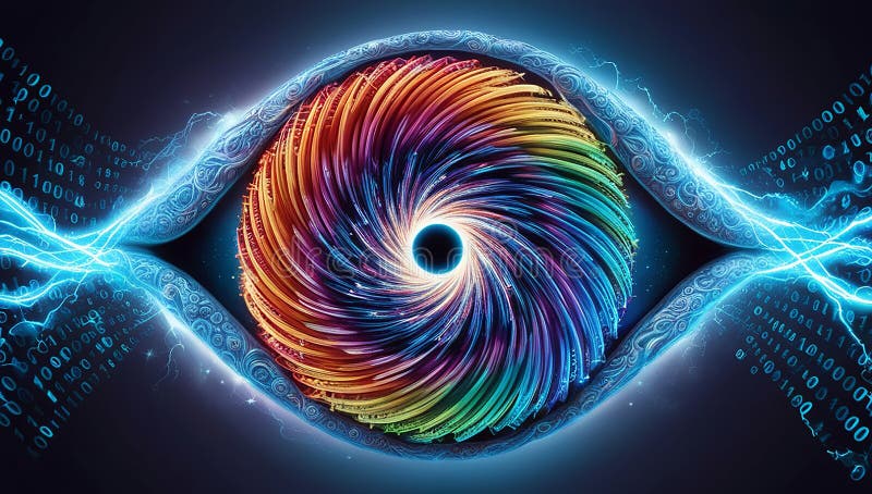 Human Iris Made of Rainbow-colored Lines, Surrounded by Binary Code and ...