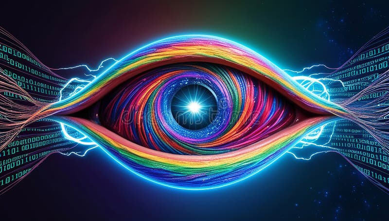 Human Iris Made of Rainbow-colored Lines, Surrounded by Binary Code and ...