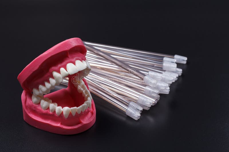 Human Jaw Layout with Saliva Ejectors on the Black Background Stock ...