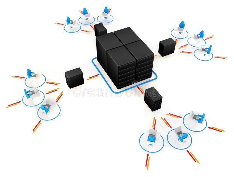 Human and Laptop with Big Server NetWork. 3D Image Stock Illustration ...