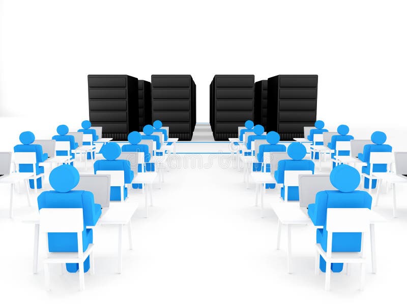 Human with Laptop with Big Server NetWork Firewall. 3D Image Stock ...