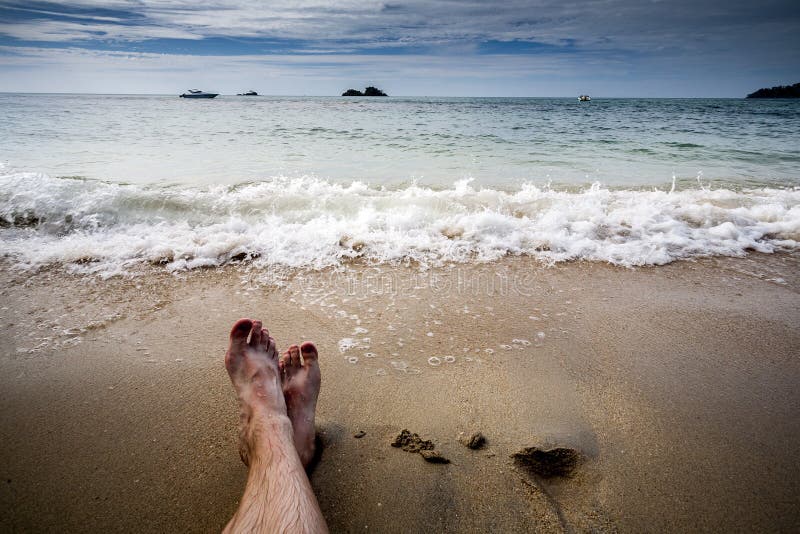 Human Legs on Beach. Ocean Waves Stock Photo - Image of sand, relax ...