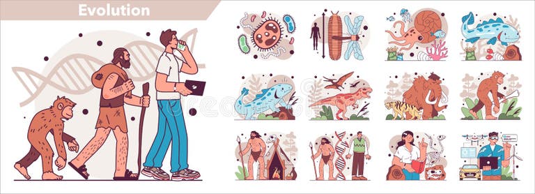 Human and Life Forms on Earth Evolution Set. Evolutionary Development ...