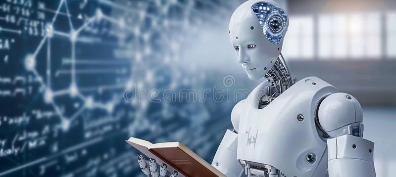 Human Like Ai Robot with Book Surrounded by Holographic Math Equations ...
