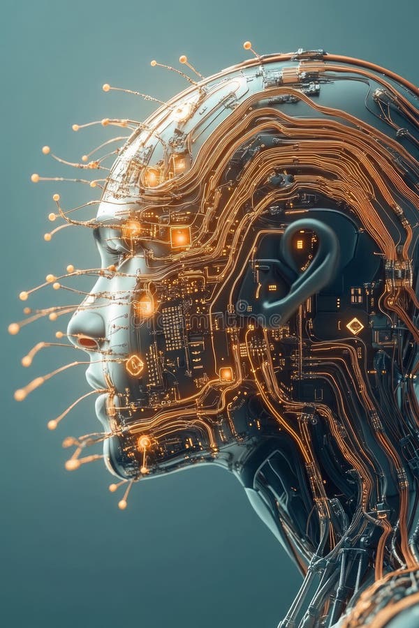 A Human-like Figure Merged with Complex Circuits and Glowing Elements ...