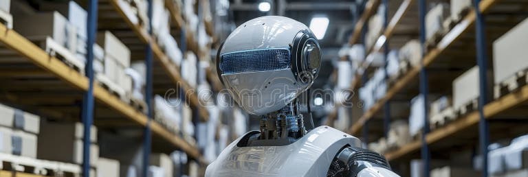 Human-like Robot in High-tech Warehouse Setting Stock Illustration ...