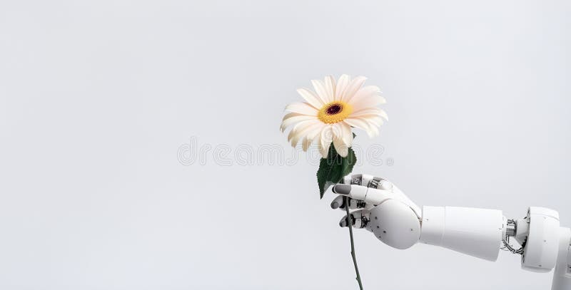 Human Like Robot Holding Super Realistic Single Daisy Flower, on White ...
