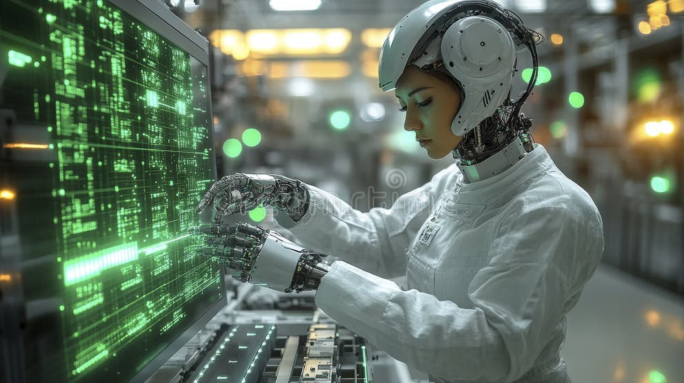 Human-like Robot in Lab Coat Analyzing Digital Data Stock Illustration ...