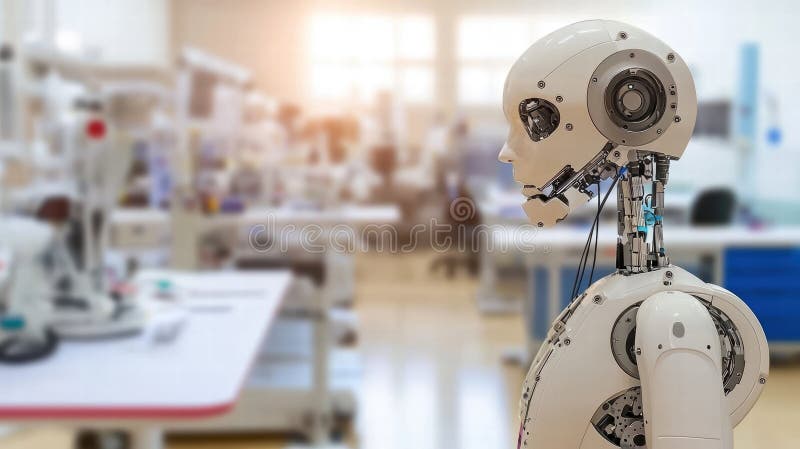Human-like Robot in Modern Laboratory with Bright Background Stock ...