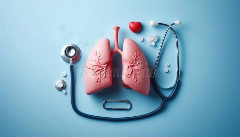 Human Lungs Model with Stethoscope on Empty Blue Background with Space ...