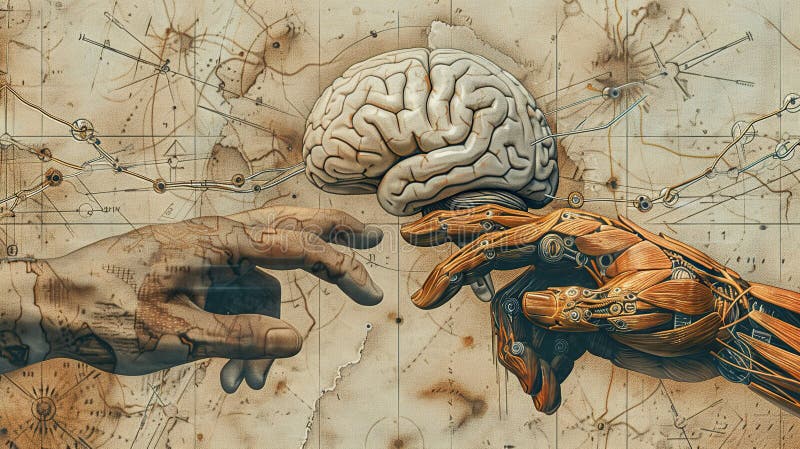 Human and Machine Hands Reaching for a Brain Stock Illustration ...