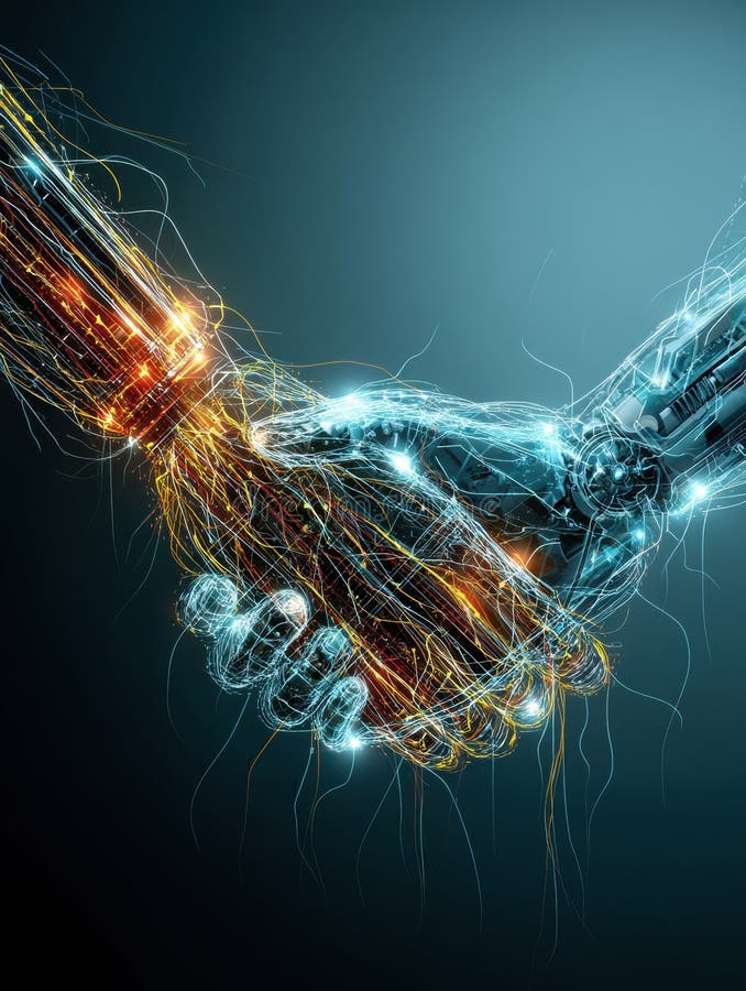 Human and Machine Handshake with Glowing Wires Showcasing Future ...