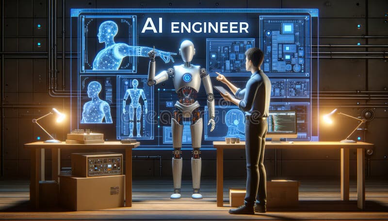Human-Machine Synergy 3D AI Engineer Fine-Tuning a Humanoid Robots Circuitry and Software Stock ...