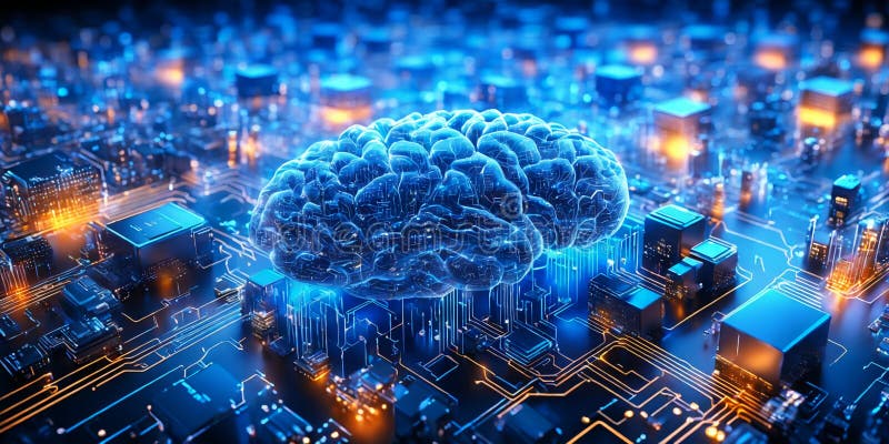 Human Meets Machine: Illuminated Brain Circuitry on Futuristic Blue ...