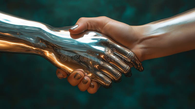 Human Hand Shakes Metallic Arm in Futuristic Space Symbolizing Unity ...