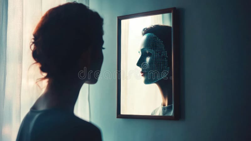 A Human Observes Their Reflection in a High-tech Mirror Showcasing an ...