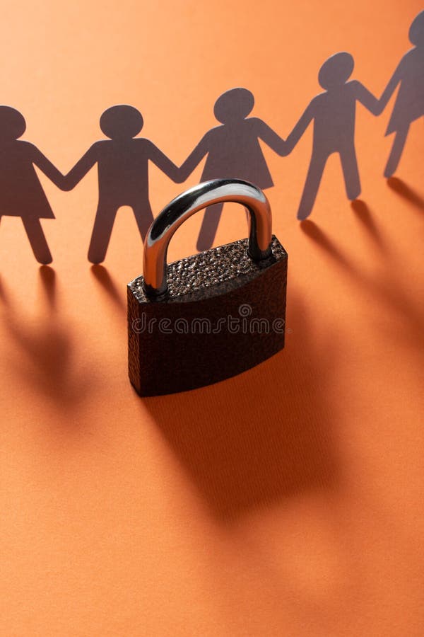 Human Paper Figures in Front of Metal Chain on a Padlock Surface ...