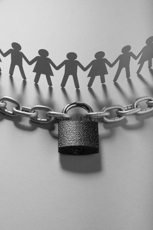 Human Paper Figures in Front of Metal Chain and Padlock on a White ...