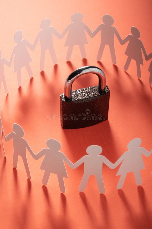 Human Paper Figures Standing Around Padlock on a Red Surface. Freedom ...