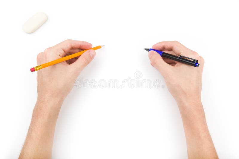 Human with Pen, Pencil and Eraser Stock Photo - Image of blank, closeup ...