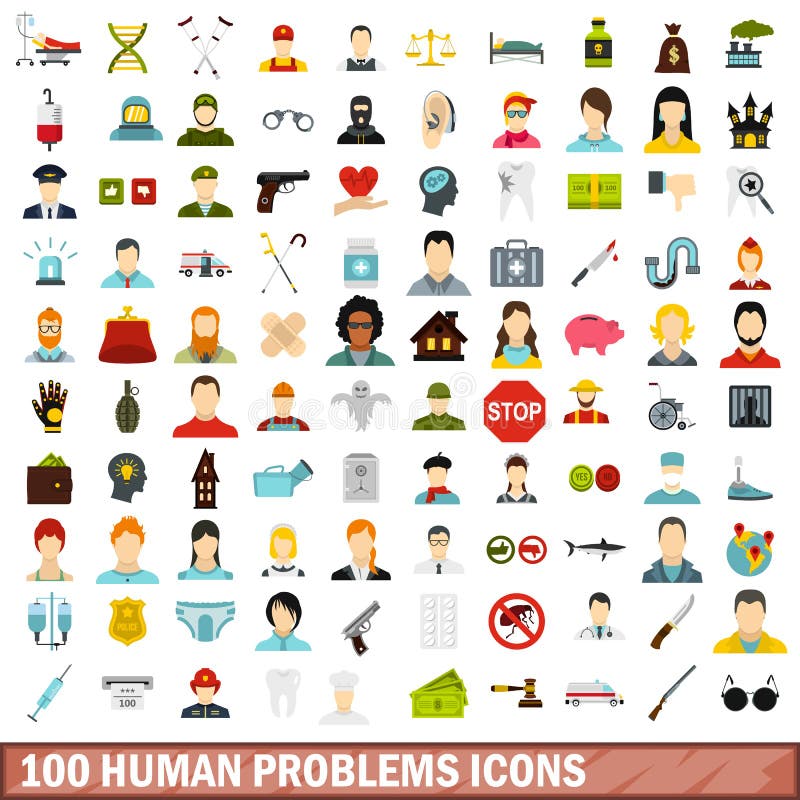 100 Human Problems Icons Set, Flat Style Stock Vector - Illustration of ...