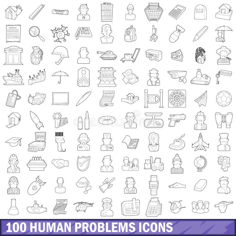 100 Human Problems Icons Set, Outline Style Stock Vector - Illustration ...