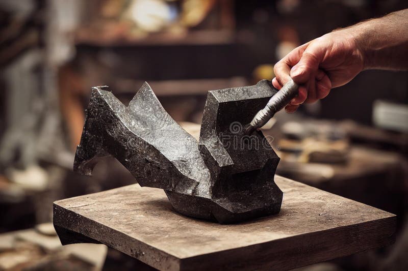 Human Processing of Massive Piece of Metal on Old Anvil in Workshop ...