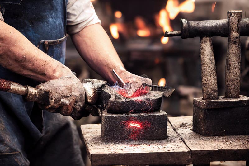 Human Processing of Massive Piece of Metal on Old Anvil in Workshop ...