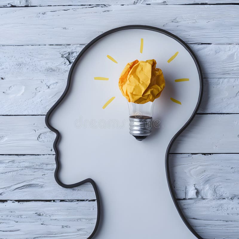 Human Profile with Illuminated Light Bulb, Crumpled Paper Inside, White ...