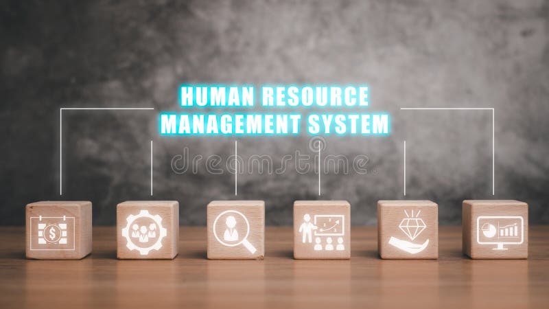 Wooden Block on Desk with Human Resource Management System Icon on ...