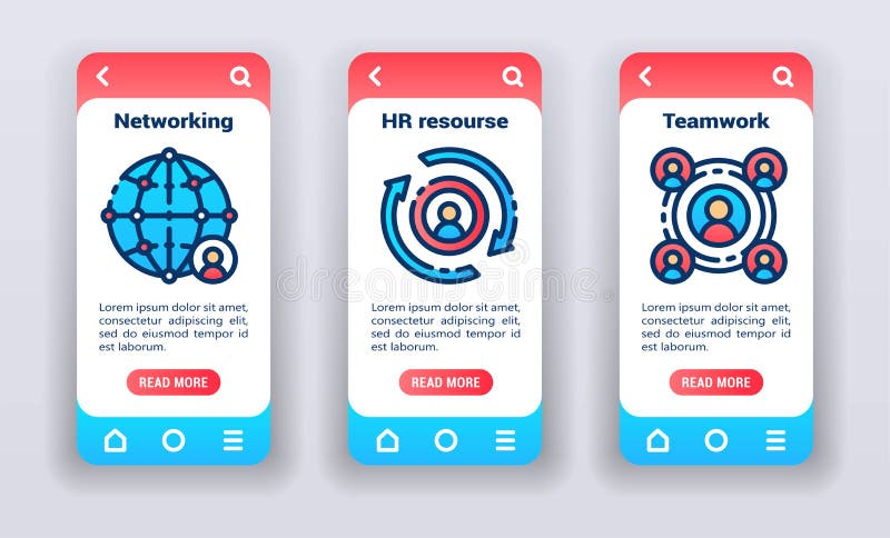 Human Resource on Mobile App Onboarding Screens. Flat Icons, Networking ...