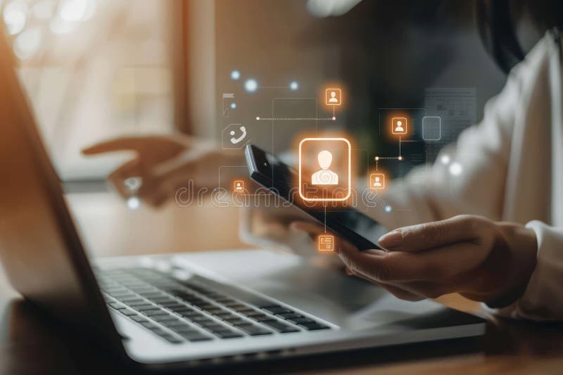 Human Resources, CRM. Person Use Smartphone and Laptop with HR Icon on ...