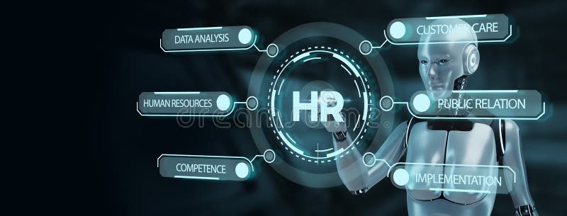 Human Resources HR Management Concept. Robot Pressing Button on Virtual ...