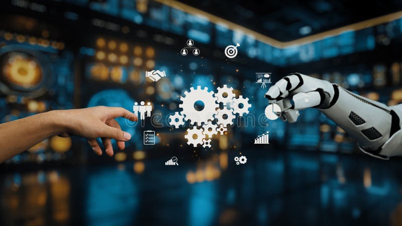 Human and Robot Collaboration Concept with Gears and Data Visualization in Futuristic Digital ...