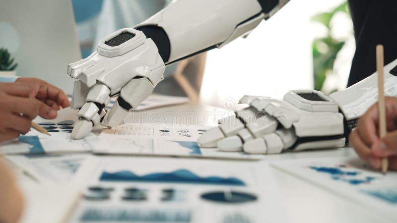 Human and Robot Collaboration in Modern Business Strategy Meeting with Charts, Graphs, Data ...